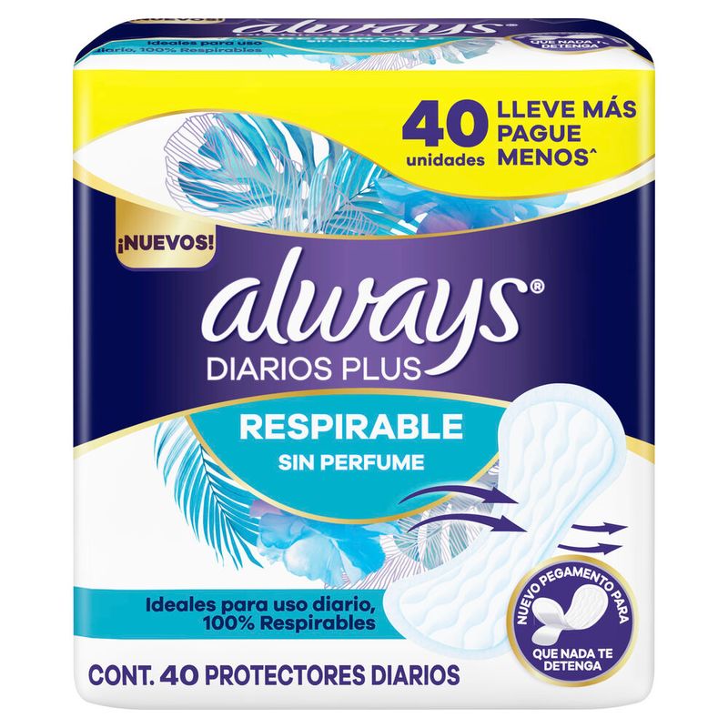 PROTECTORES DIARIOS ALWAYS DIARIOS PLUS RESPIRABLE SIN PERFUME-40 ...